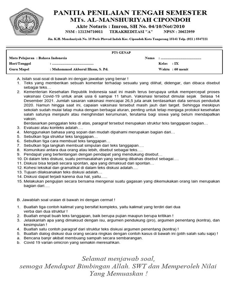 Soal Pts Semester Genap Bahasa Indonesia Kelas Ix | PDF