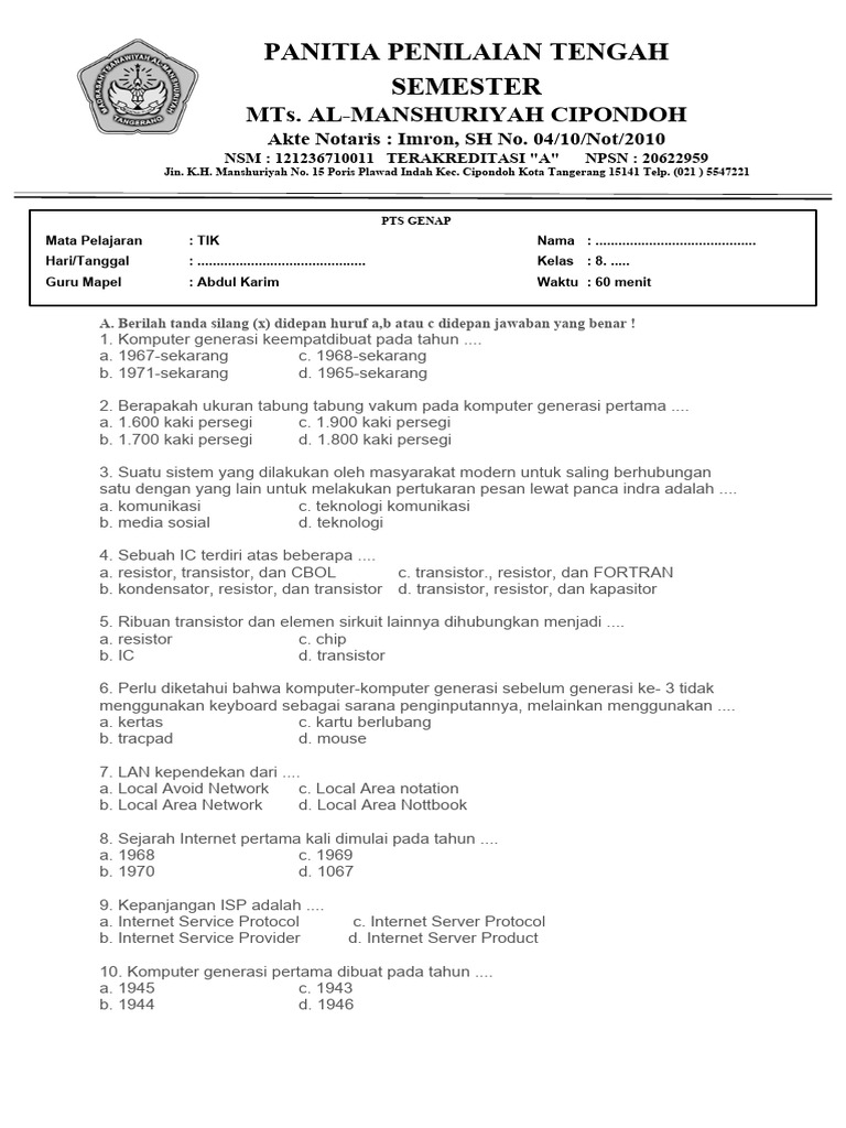 Soal PTS TIK Kelas 8 MTs Al-Mansuriyah | PDF