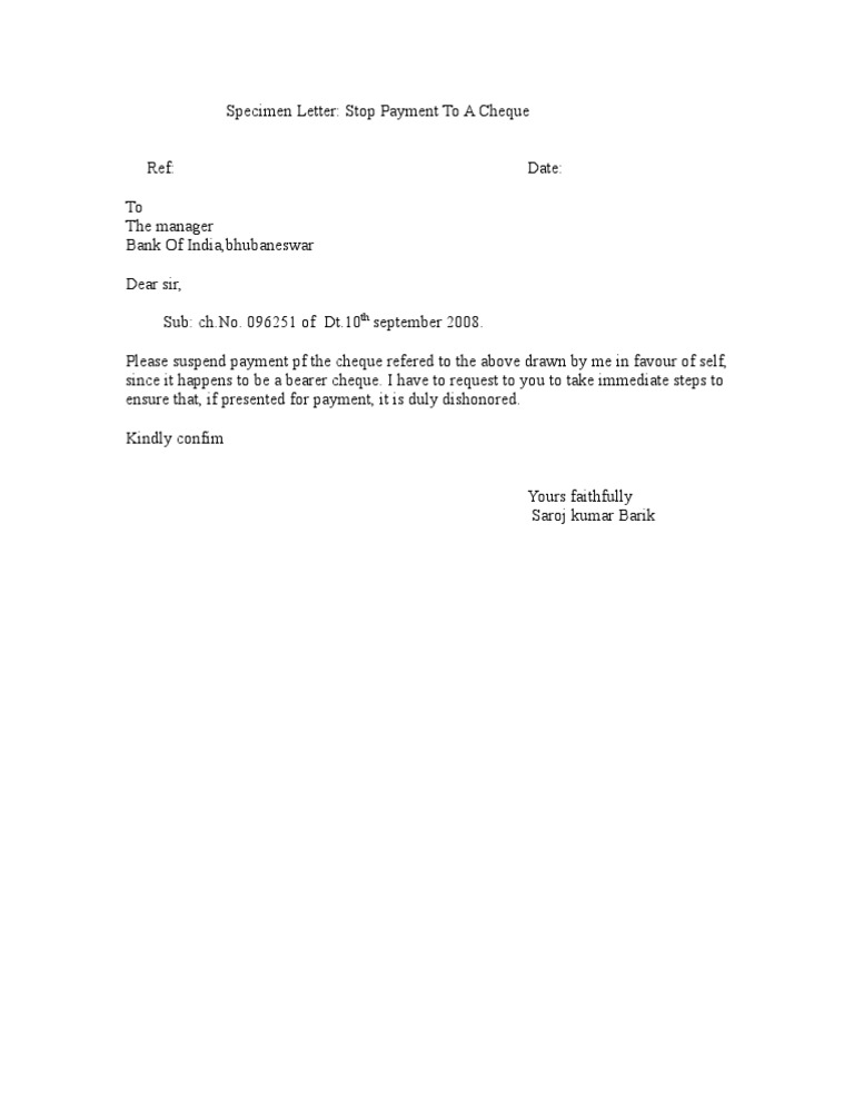 Specimen Letter of Cheque Payment | PDF