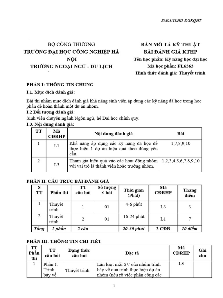 BM03. Mô tả bài thi HP kỹ năng học ĐH | PDF