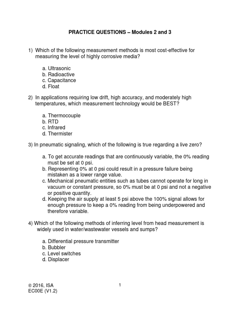 Practice Questions - Modules 2 and 3 | PDF | Flow Measurement | Pressure Measurement