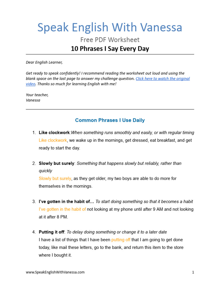 Daily English Phrases Worksheet | PDF | Learning | Cognitive Science
