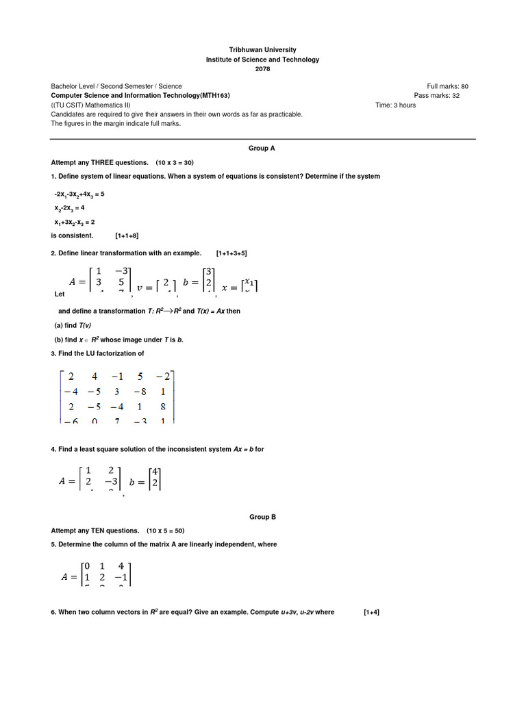 Mathematics II 2078 Questionpaper | PDF | Matrix (Mathematics ...