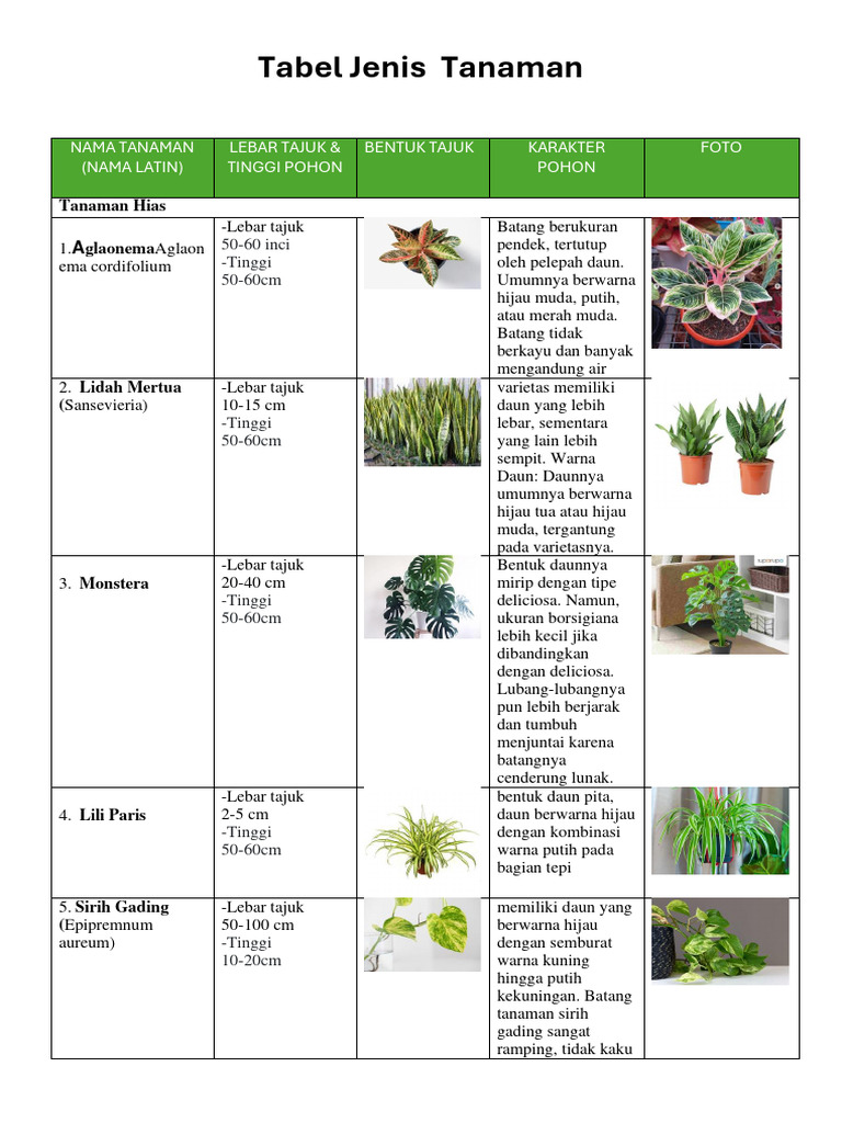 Tabel Jenis Tanaman: Nama Tanaman (Nama Latin) Lebar Tajuk & Tinggi ...