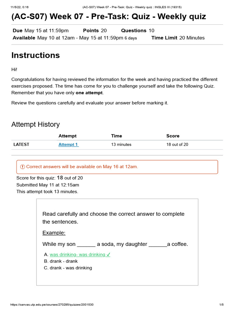 (AC-S07) Week 07 - Pre-Task - Quiz - Weekly Quiz - INGLES III (19315) | PDF