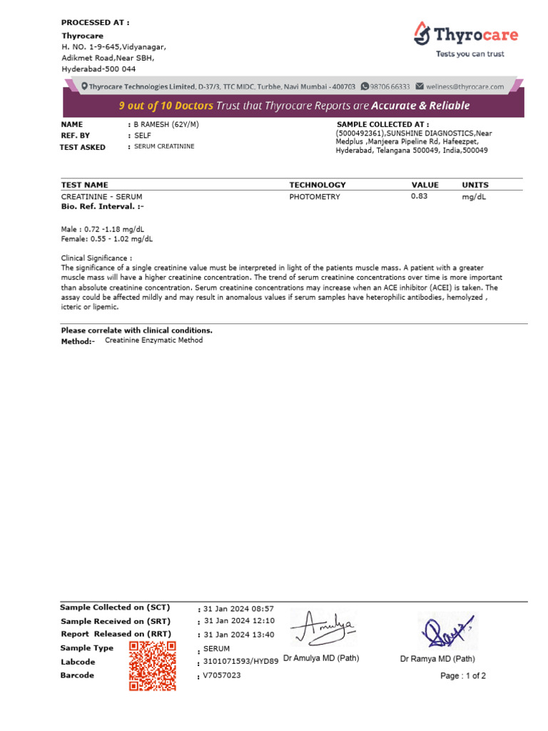 Report V7057023 2024 01 31 R L | PDF | Creatinine | Medical Specialties