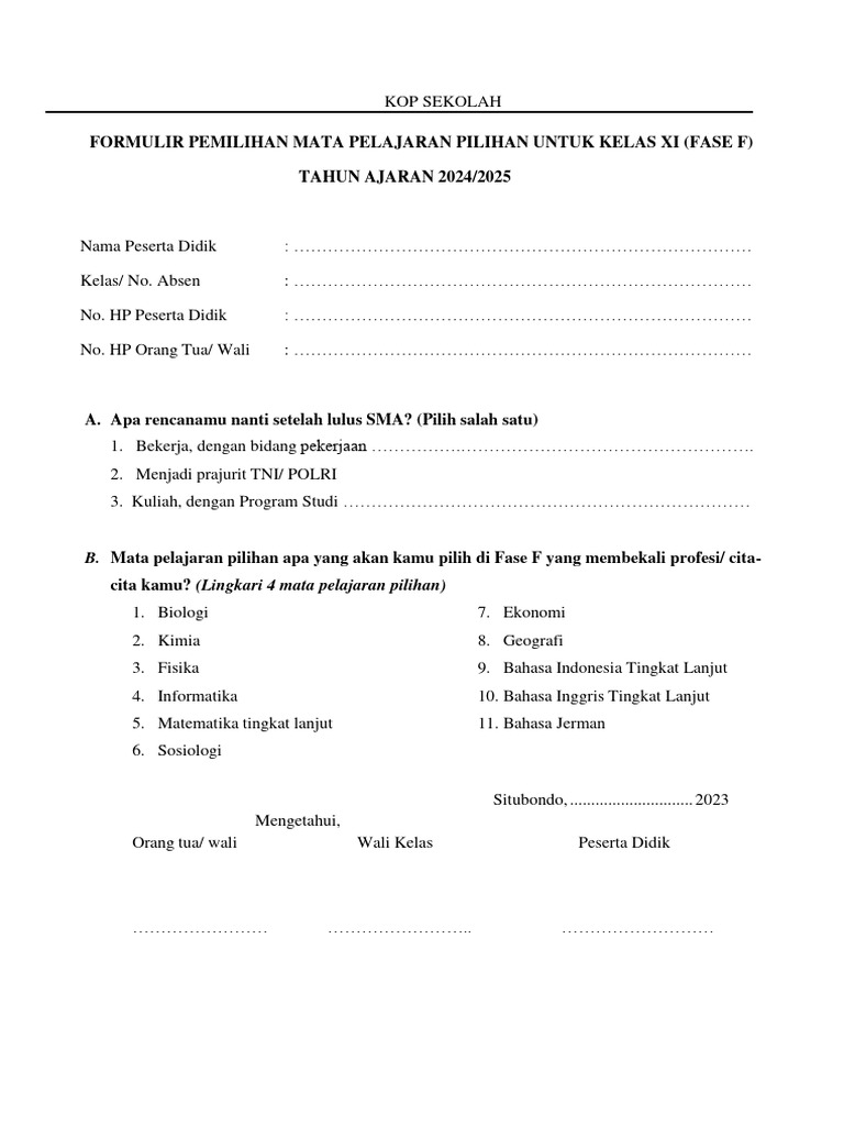 Contoh FORMULIR PEMILIHAN MAPEL PILIHAN DAN PRODI | PDF