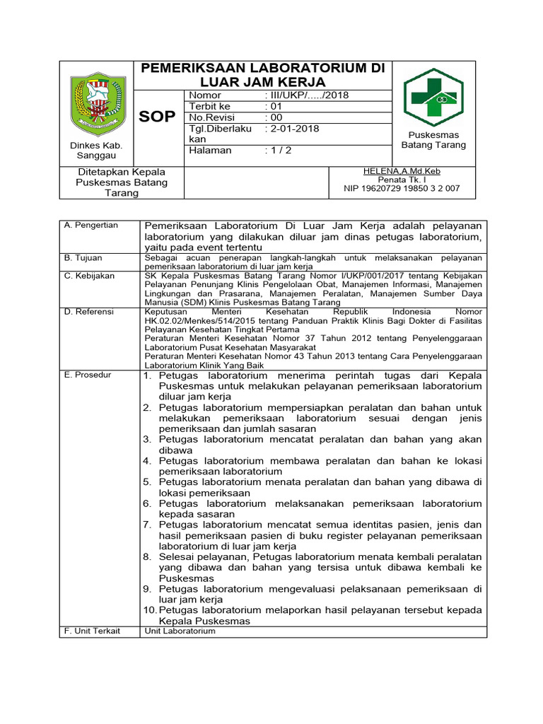 8.1.2.5. Sop Pemeriksaan Laboratorium Di Luar Jam Kerja | PDF ...