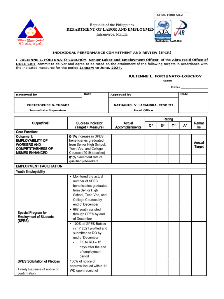 2024 Ipcr Target Jan To June | PDF | Employment | Audit