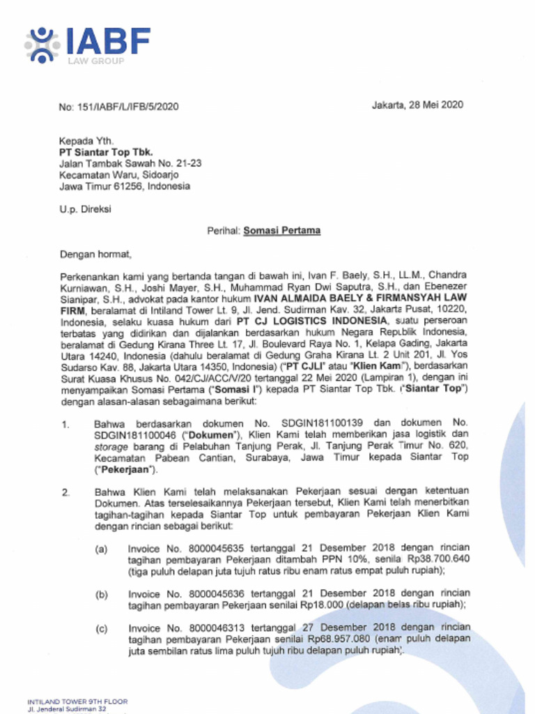 CJL - Somasi I - PT Siantar Top TBK | PDF