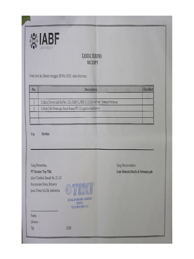 Receipt - Somasi I PT Siantar Top TBK | PDF
