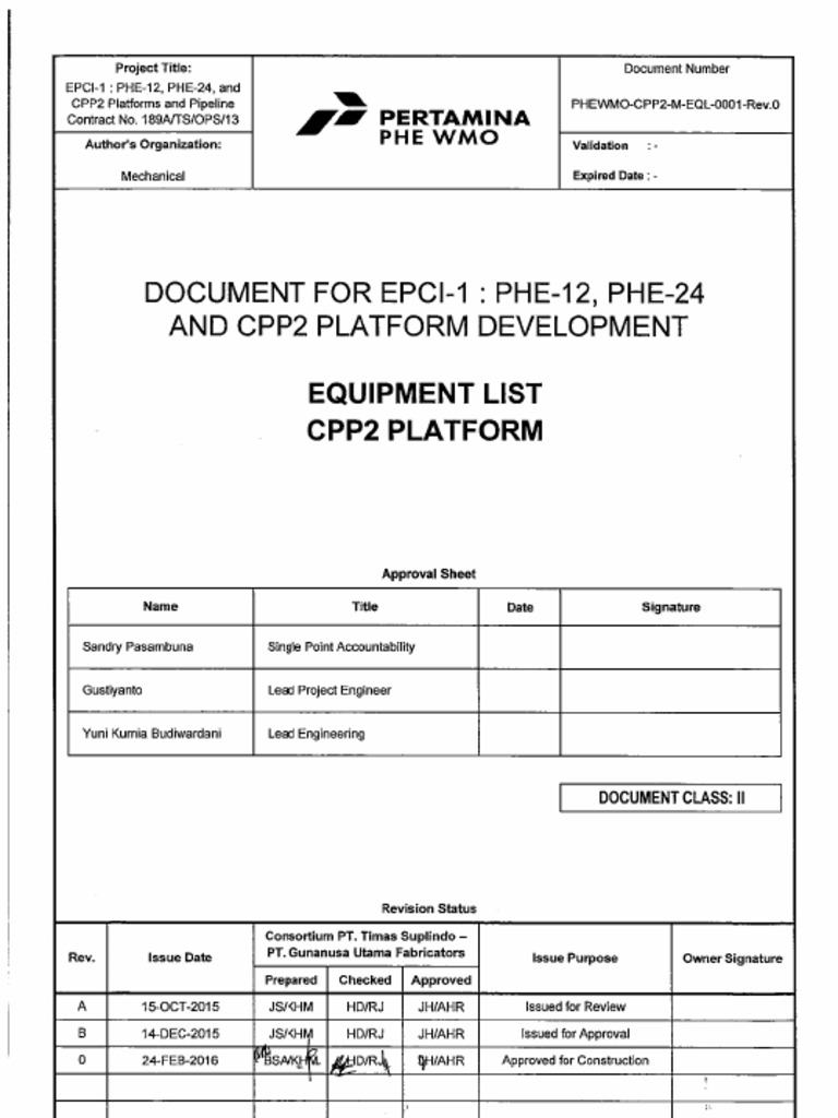 PHEWMO-CPP2-M-EQL-0001-Rev.0_Equipment List CPP2 Platform | PDF | Pump | Chemical Equipment