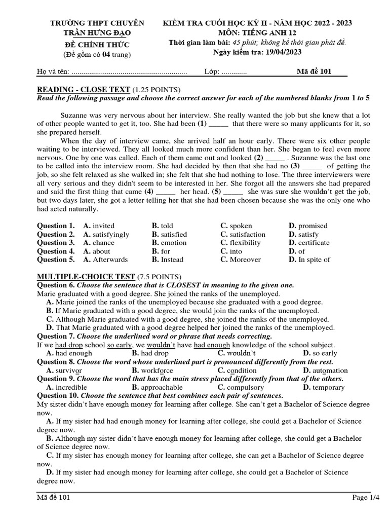 ANH12-ĐỀ KTCK2 2022.2023 | PDF | Academic Degree | Learning