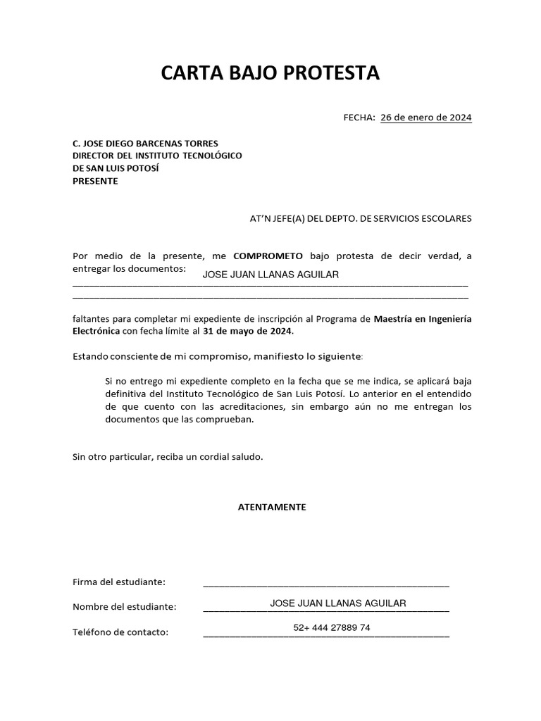 Carta Bajo Protesta Itslp Maestría Ej2024 | PDF