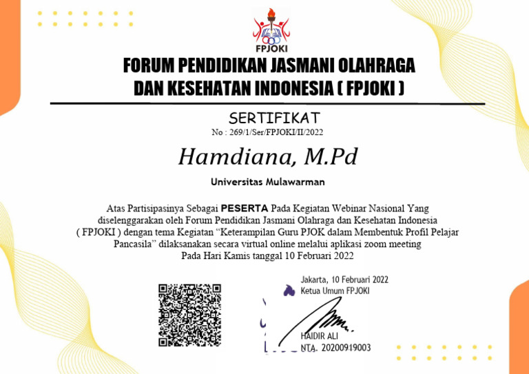 Sertifikat Webinar FPJOKI 2022 | PDF
