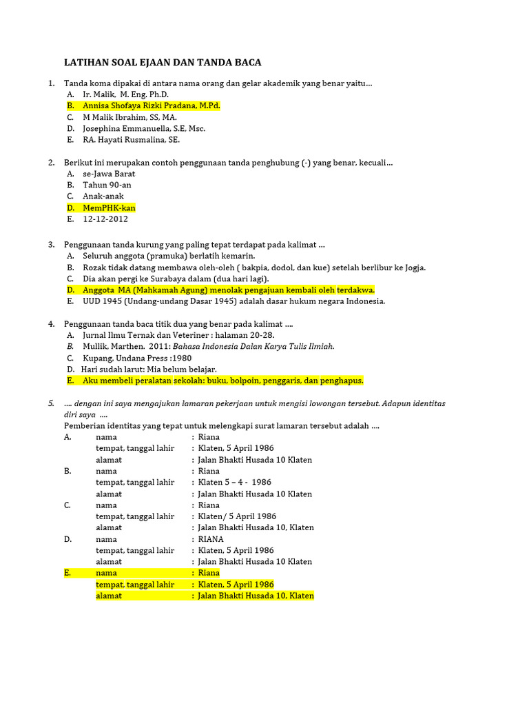 Latihan Soal Ejaan Dan Tanda Baca | PDF