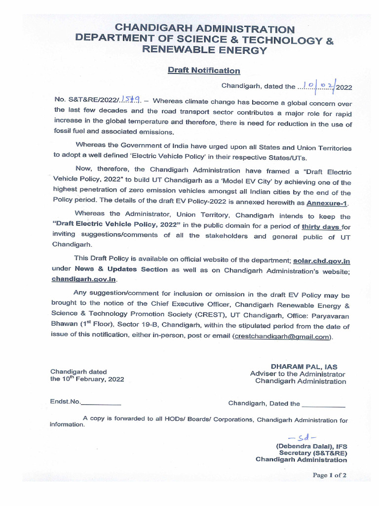 Chandigarh Draft EV Policy 2022 | PDF | Electric Vehicle | Plug In Hybrid