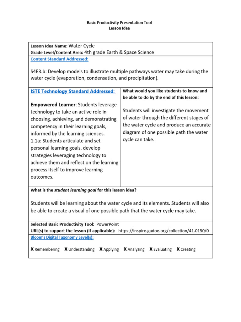 BPTs Basic Productivity Tools LESSON IDEA | PDF | Learning | Water