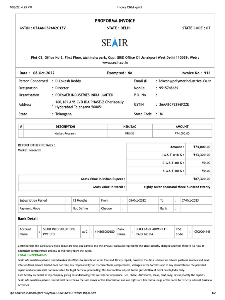 Polymer Industries Proforma Invoice | PDF