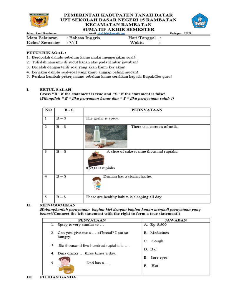 Soal SAS Kelas 5 Ok | PDF | Taste | Foods