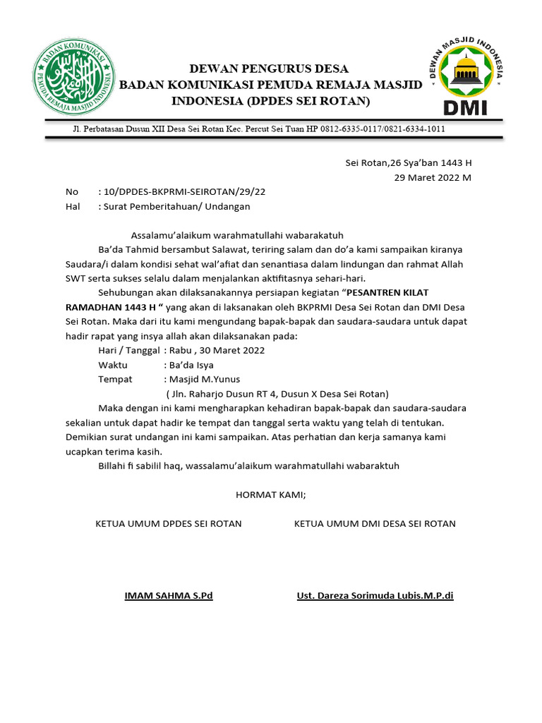 Surat Undangan Pesantren Kilat Ramadhan 1443 H BKPRMI Dan DMI | PDF