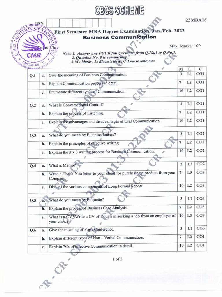 VTU Question Paper of 22MBA16 Business Communication Jan-Feb-2023 | PDF