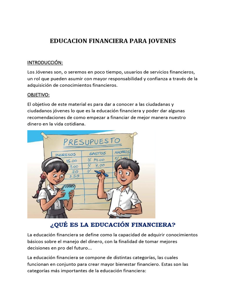 Educacion Financiera para Jovenes | PDF | Educación financiera | Economias