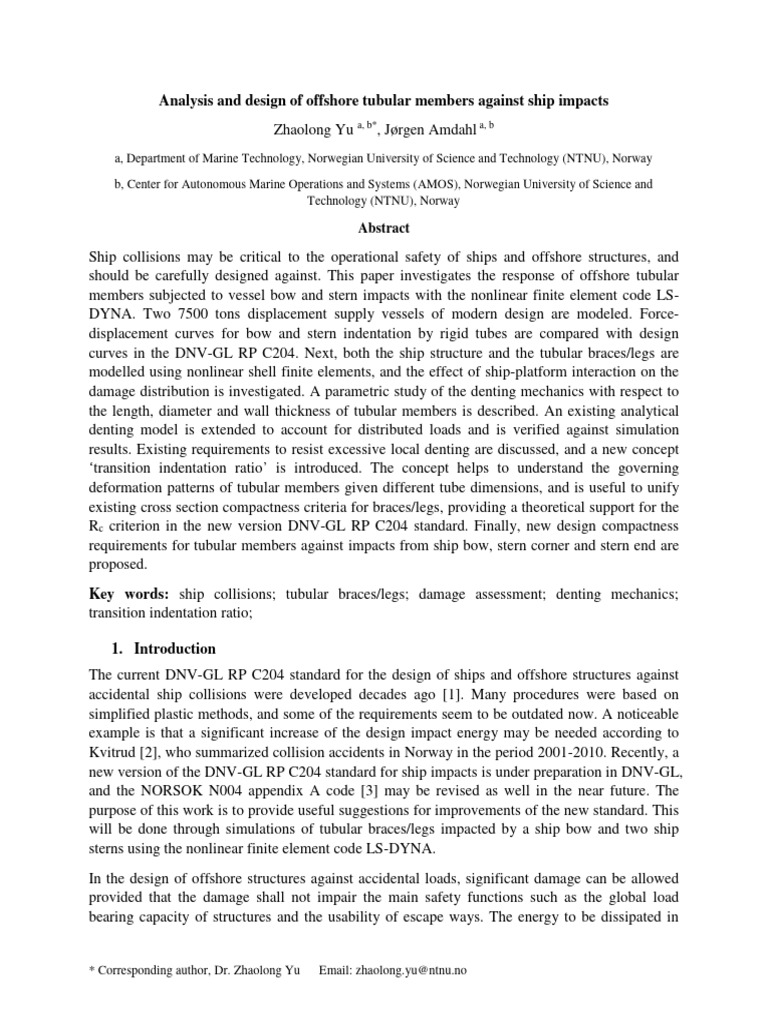 Offshore Tubular Members Design Against Ship Impacts | PDF | Bending ...