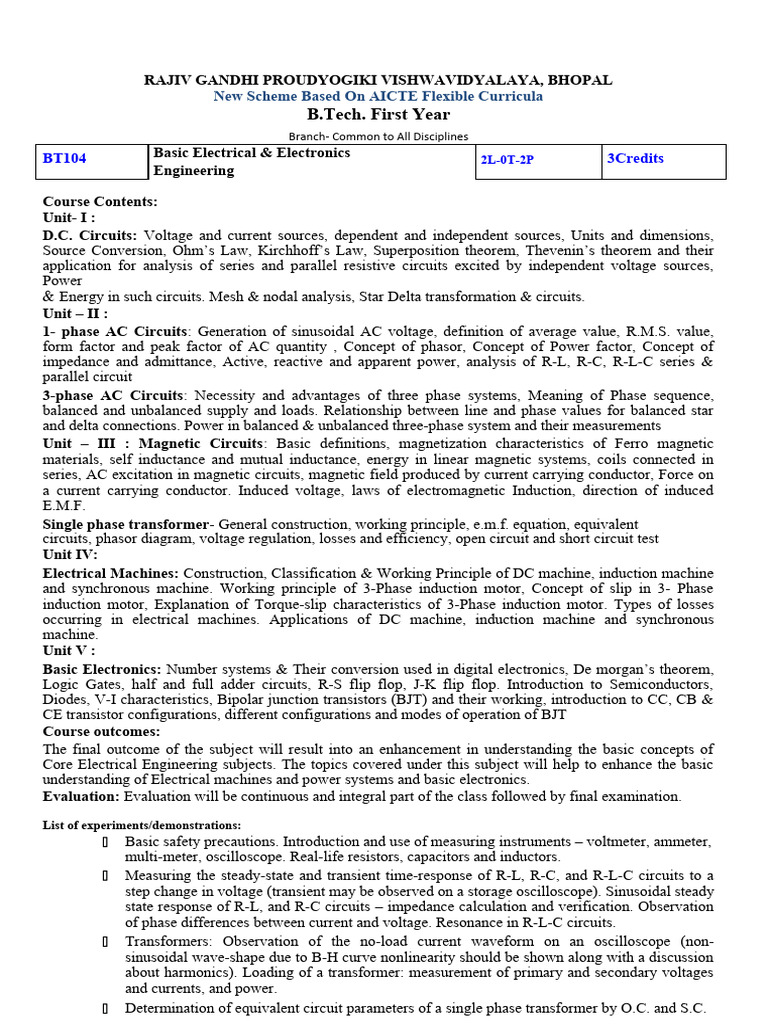 RGPV Syllabus Aicte BT 104 Basic Electrical and Electronics Engineering | PDF | Electrical ...