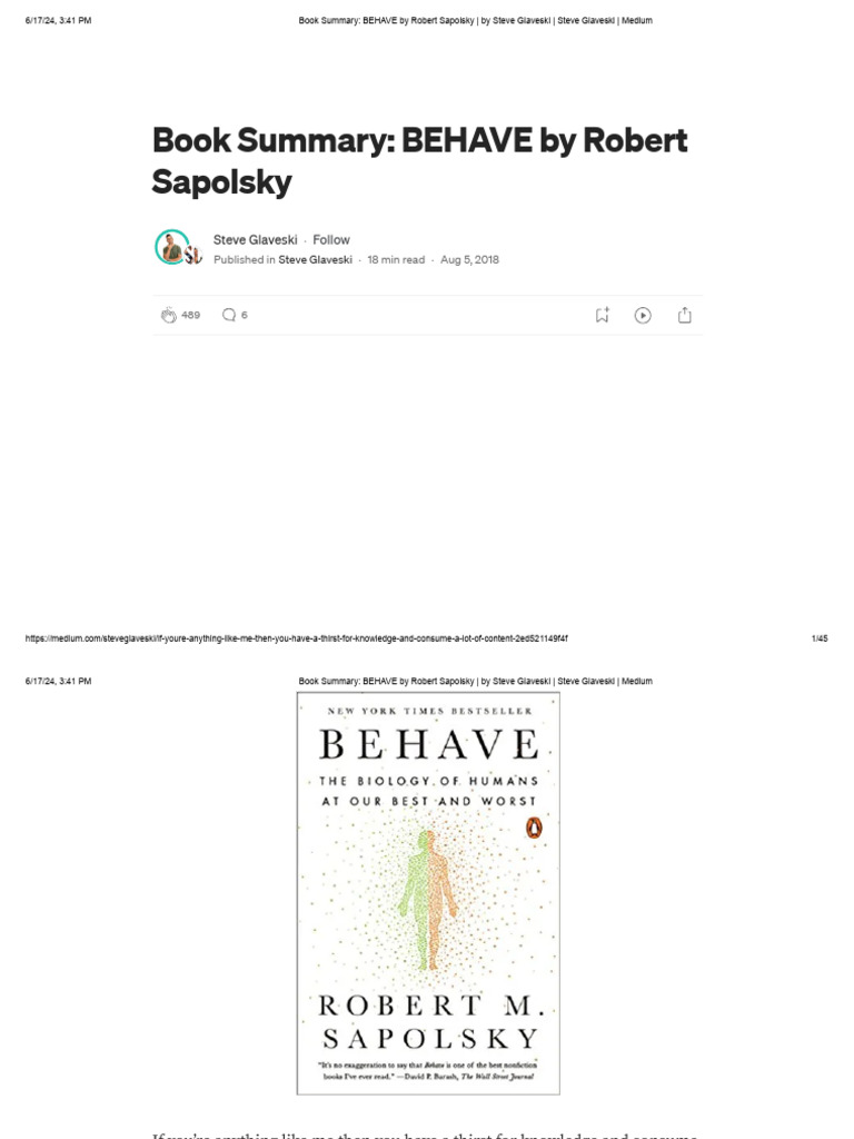 Book Summary_ BEHAVE by Robert Sapolsky _ by Steve Glaveski _ Steve Glaveski _ Medium | PDF ...