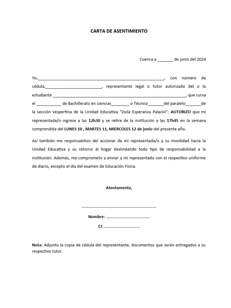 Carta de Asentimiento para Bachillerato Ciencias o Tecnico | PDF