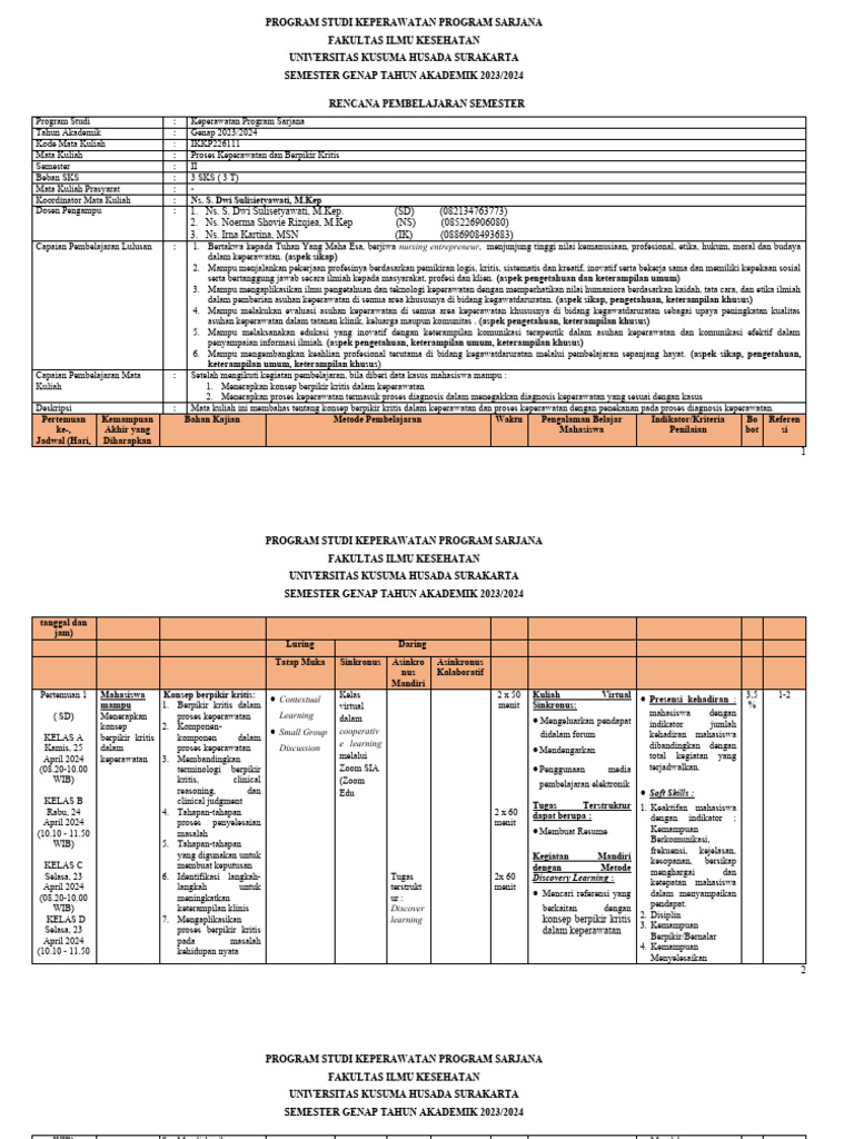RPS Genap 2023 2024 - Proses Keperawatan Dan Berpikir Kritis - SD | PDF