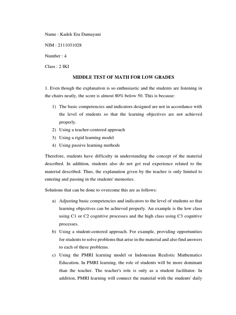 Uts Matematika Di Kelas Rendah Sd Pdf Decimal Teachers
