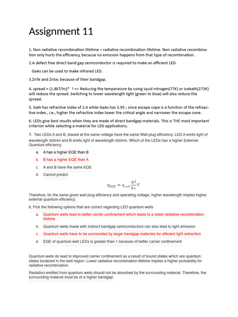 Assignment 11 Solutions | PDF | Light Emitting Diode | Band Gap