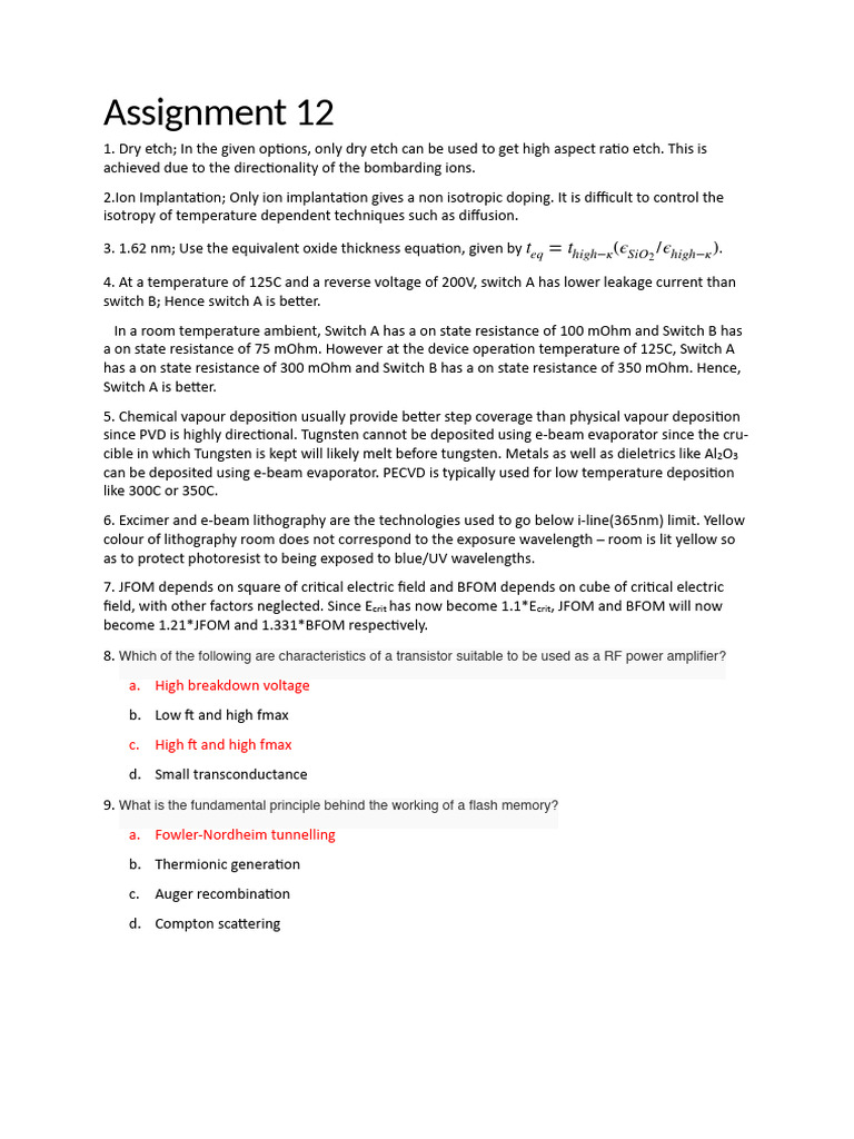 Assignment 12 Solutions | PDF | Photolithography | Applied And Interdisciplinary Physics