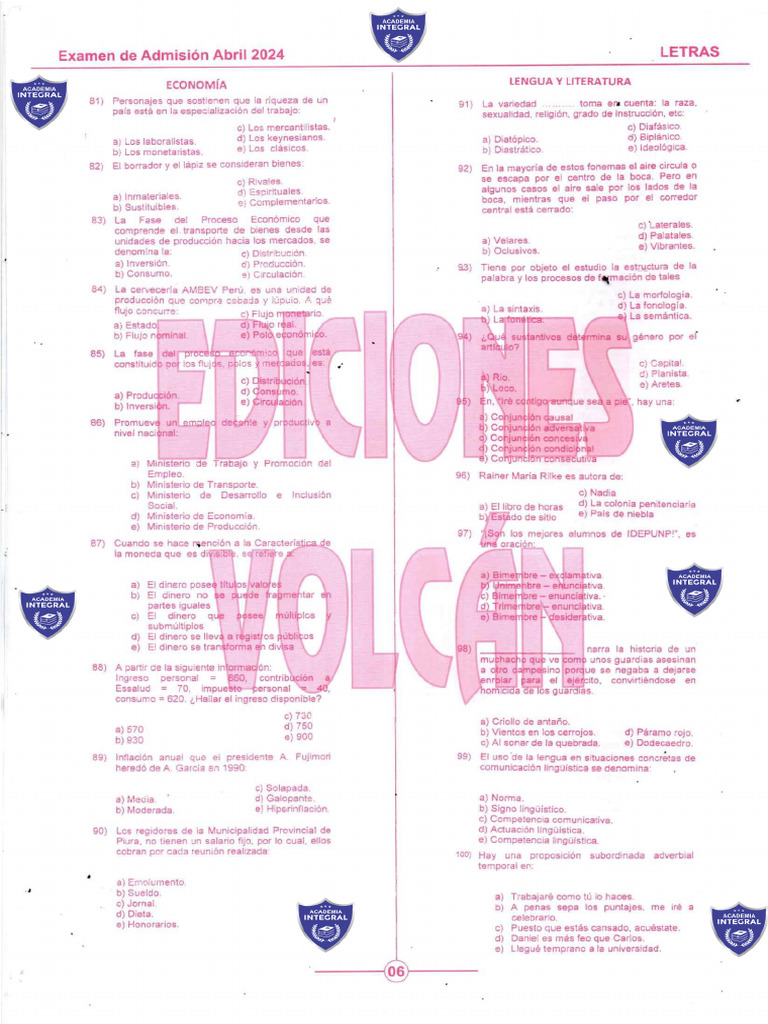 Examen de Letras Unp 2024 | PDF