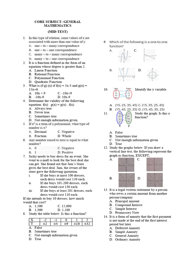 CORE SUBJECT Mid General Mathematics 2k23 2k24 | PDF | Function (Mathematics) | Interest