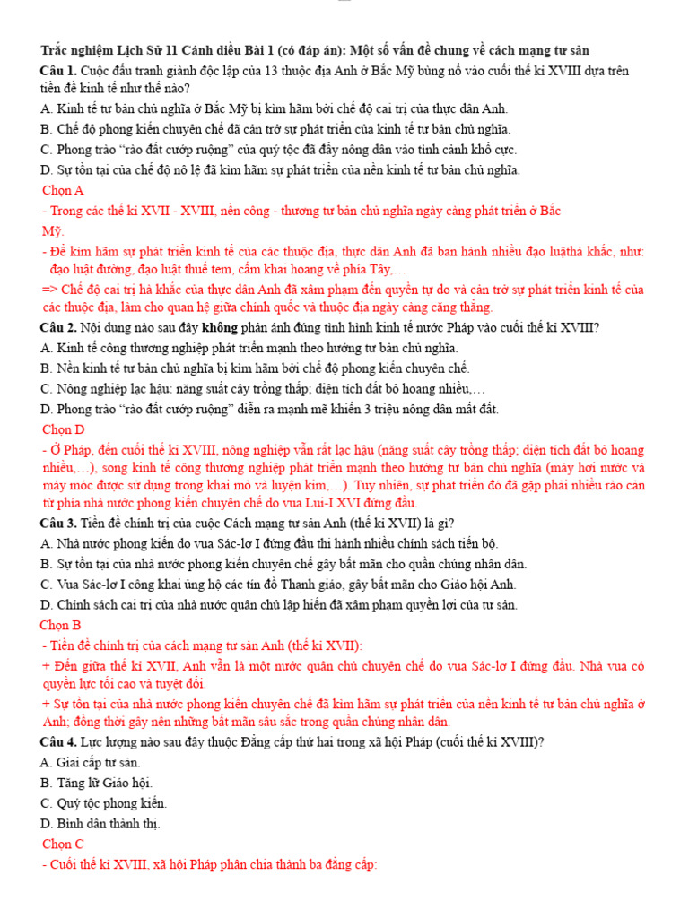 106 Cau Hoi Trac Nghiem Lich Su 11 Canh Dieu Phan 1 Co Dap An | PDF