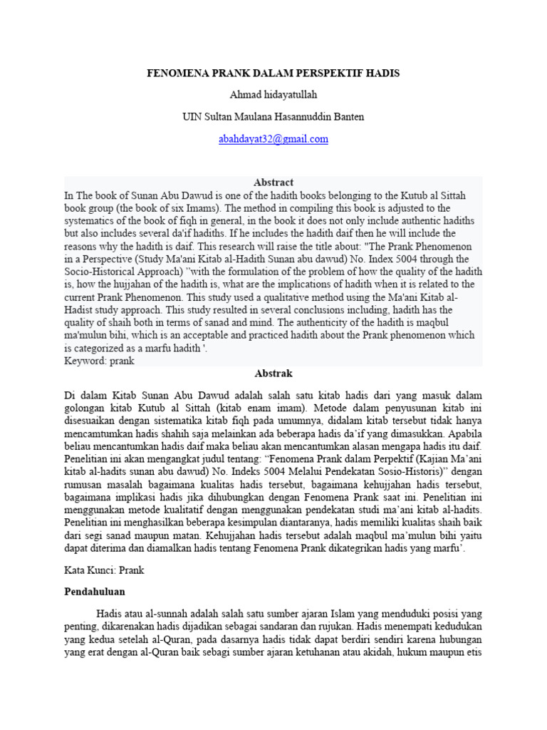 FENOMENA PRANK DALAM PERSPEKTIF HADIS Dayat-1 | PDF | Agama & Spiritualitas