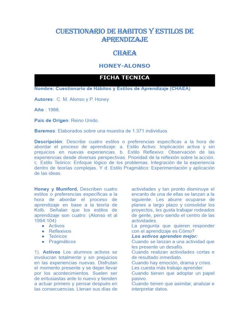 CHAEA | PDF | Aprendizaje | Aprendiendo estilos