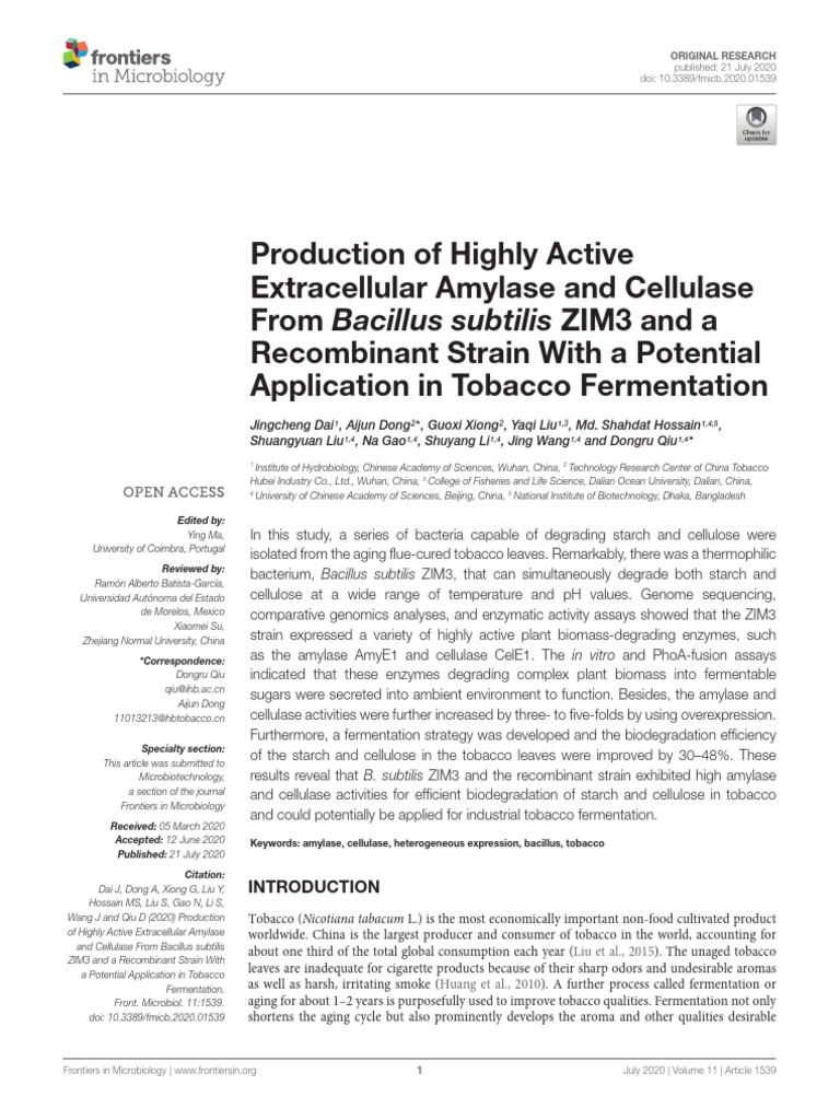 Production of Highly Active Extracellular Amylase and Cellulase From Bacillus Subtilis ZIM3 and ...