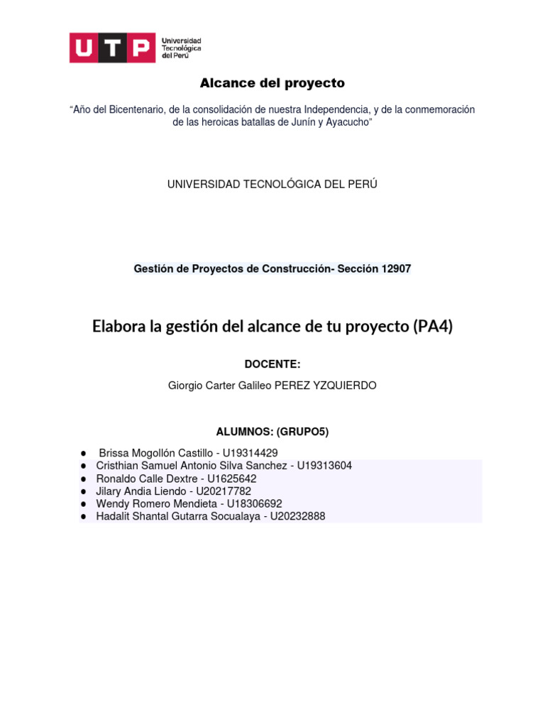 Elabora La Gestión Del Alcance de Tu Proyecto (PA4) | PDF | edificio | Calidad (comercial)