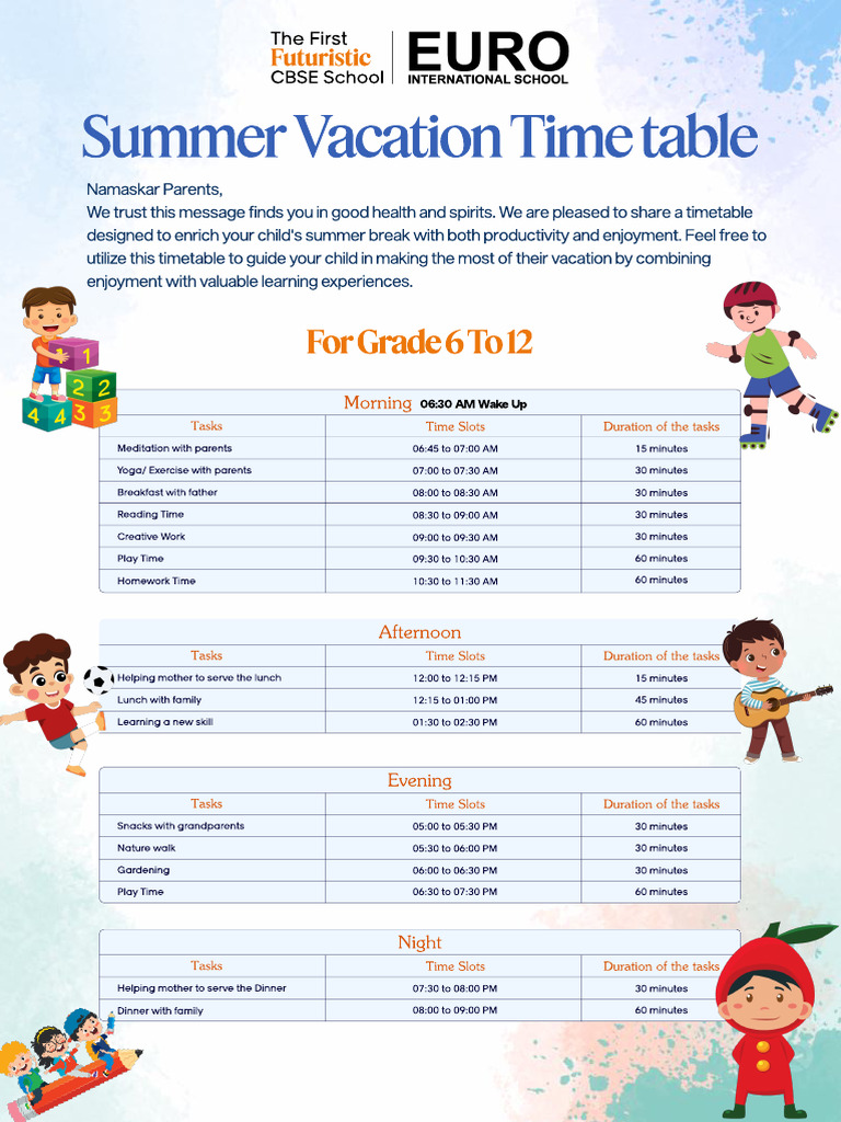 Summer Vacation Time table 6-12 | PDF | Spirituality | Hindu Prayer And ...