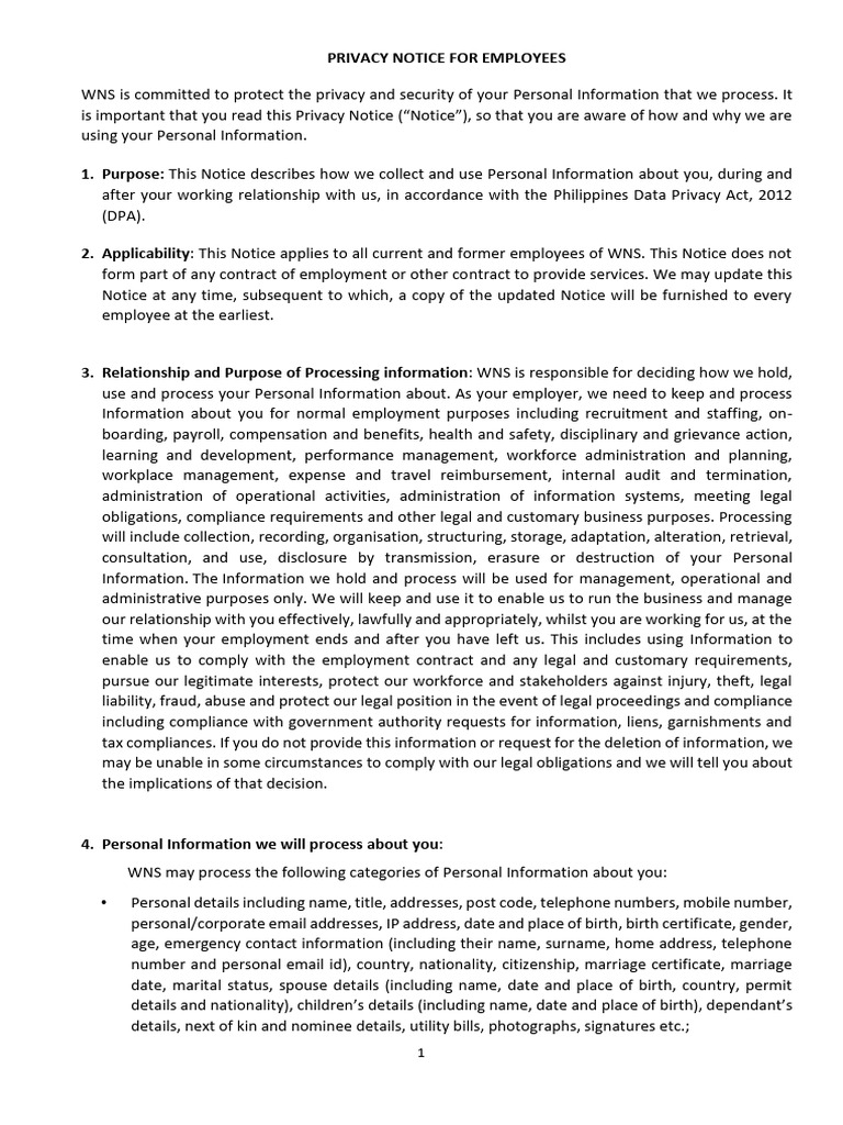 WNS Employee Privacy Notice | PDF | Employment | Identity Document