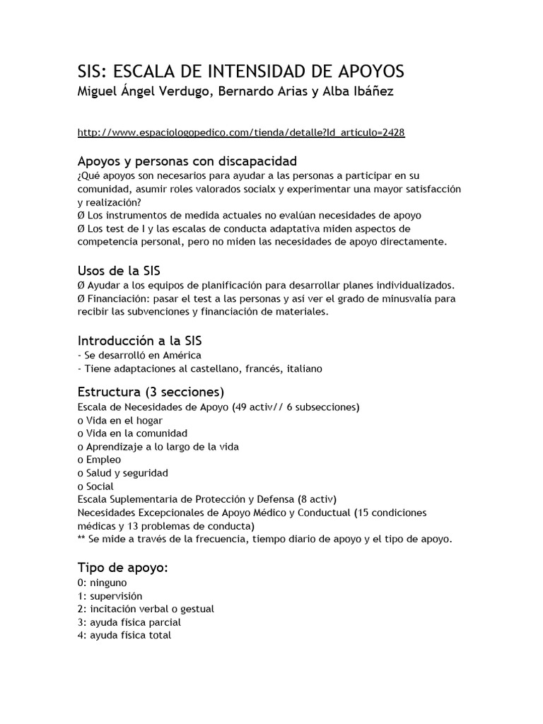 Sis: Escala de Intensidad de Apoyos: Miguel Ángel Verdugo, Bernardo Arias y Alba Ibáñez | PDF ...