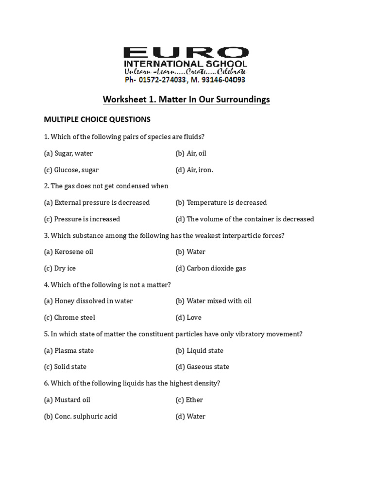 1.matter in Our Surroundings Worksheet | PDF | Gases | Liquids