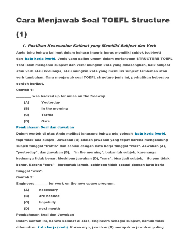 Cara Menjawab Soal TOEFL Structure | PDF | Seni & Disiplin Bahasa