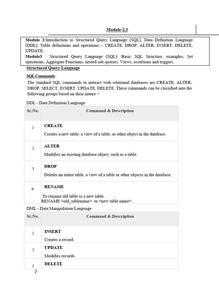 Sql Commands Sr No Command And Description Pdf Table Database Sql