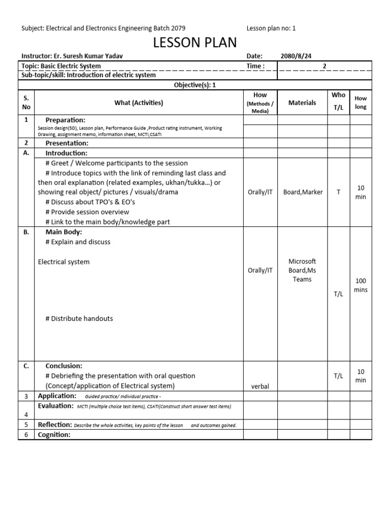 Electrical and Electronics Engineering Lesson Plan | PDF | Lesson Plan ...