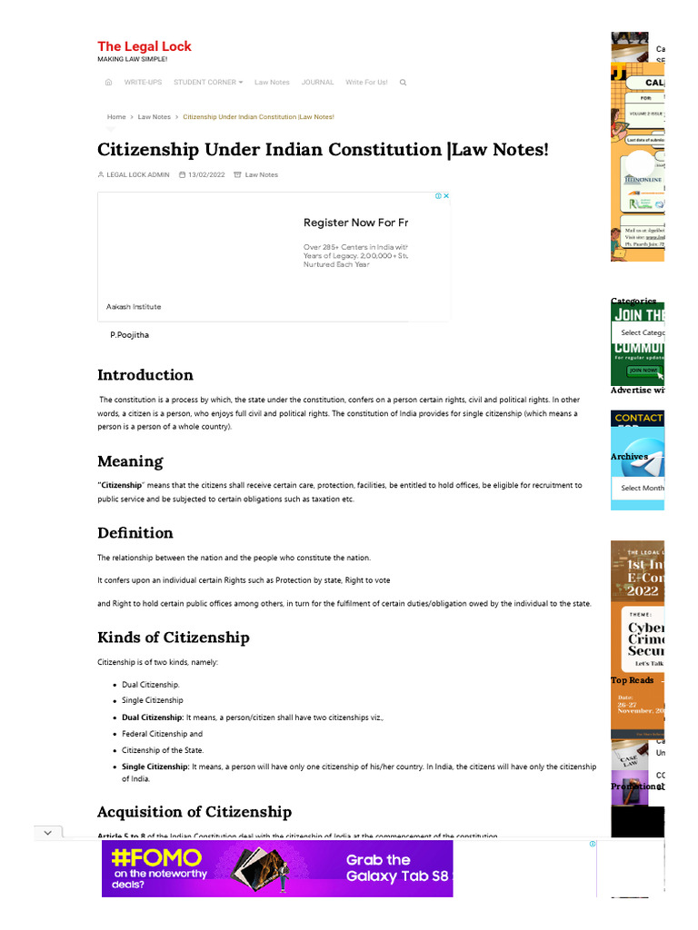 Citizenship Under Indian Constitution - Law Notes! | PDF ...